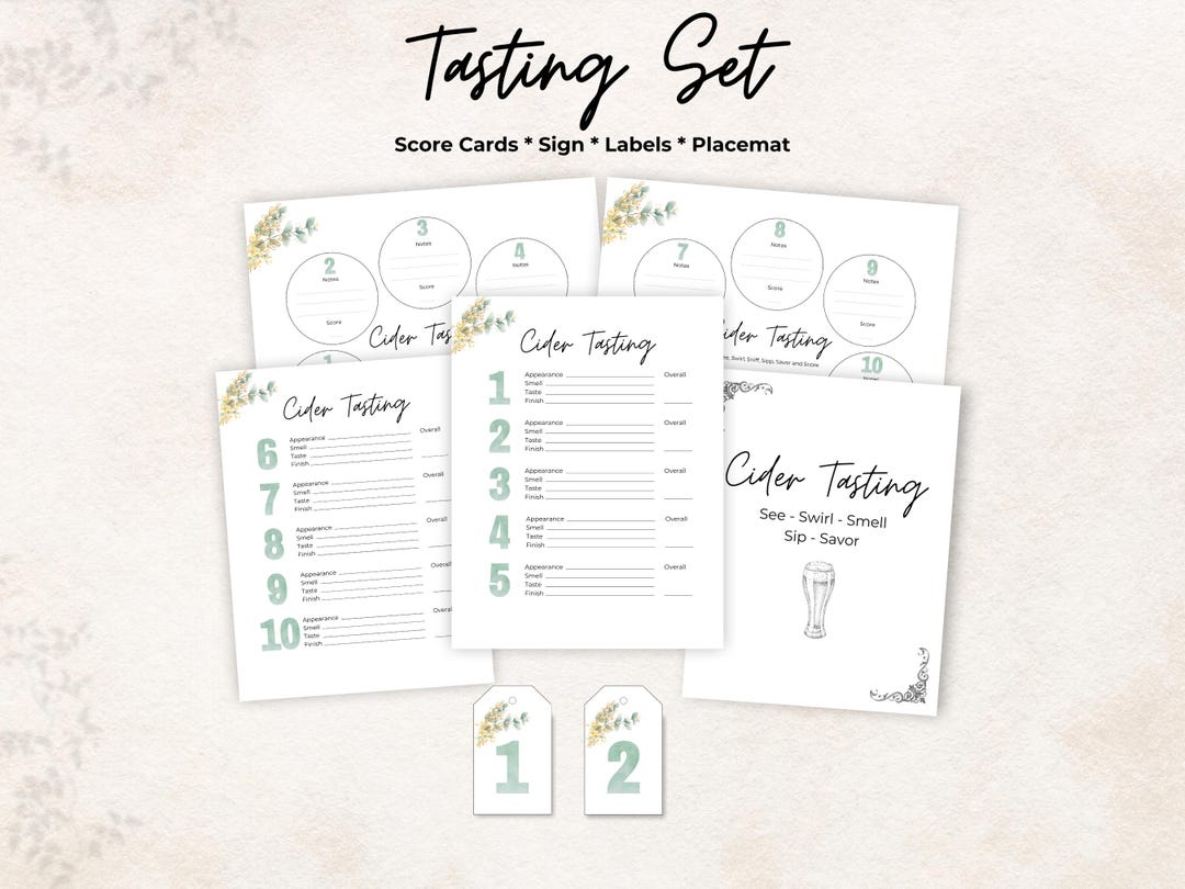 Cider Tasting Kit, Scorecard, Bottle Tags, Placemat, Sign, Green, 10 ...