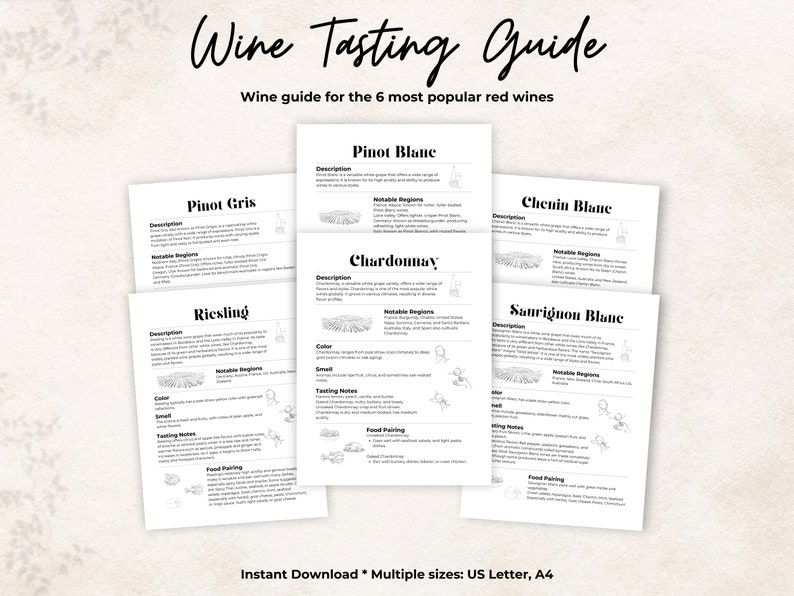 Wine Tasting Guide White Grape Reference Card, Cheat Sheet, Scorecard ...