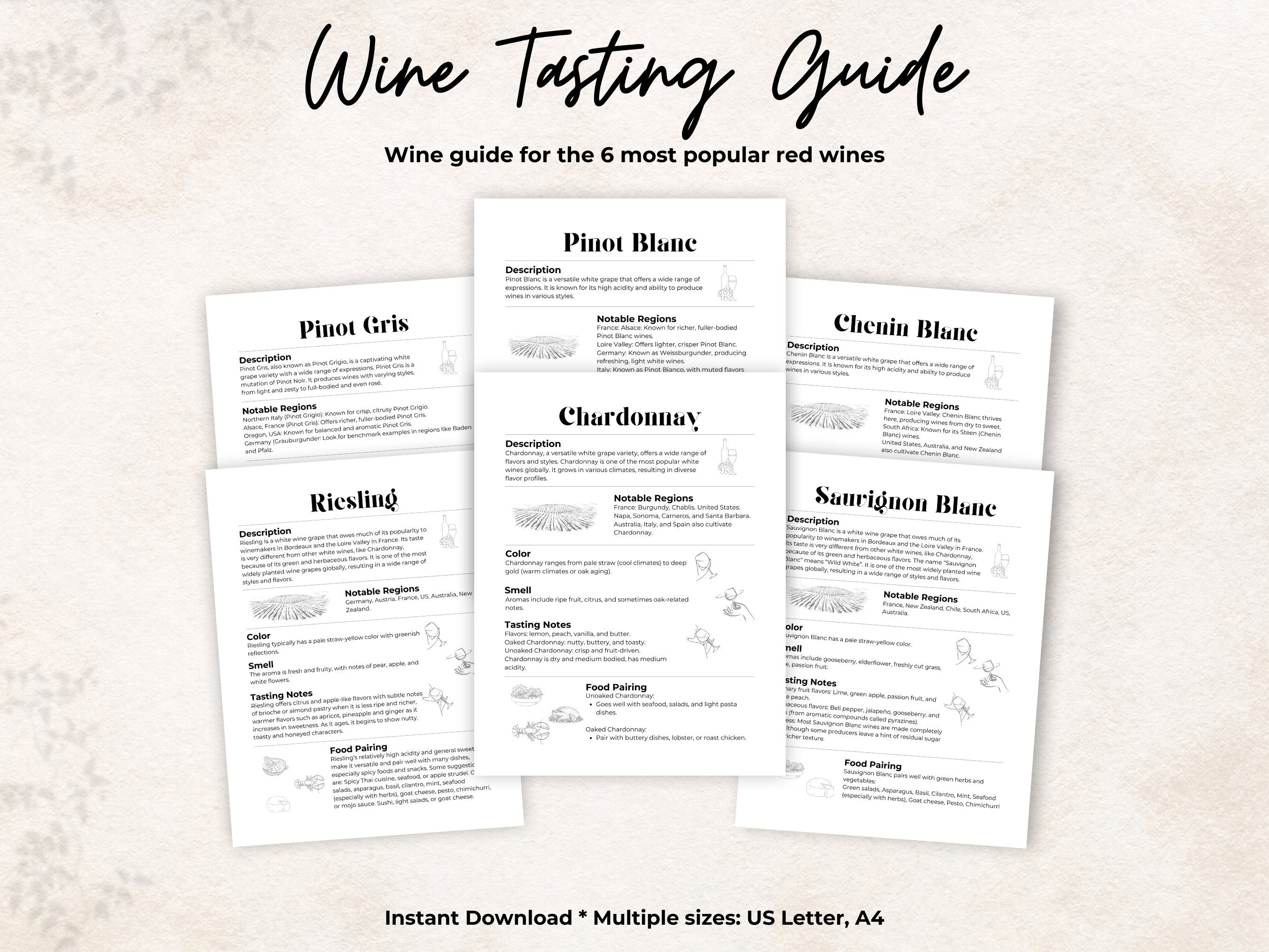 Wine Tasting Guide White Grape Reference Card, Cheat Sheet, Scorecard ...