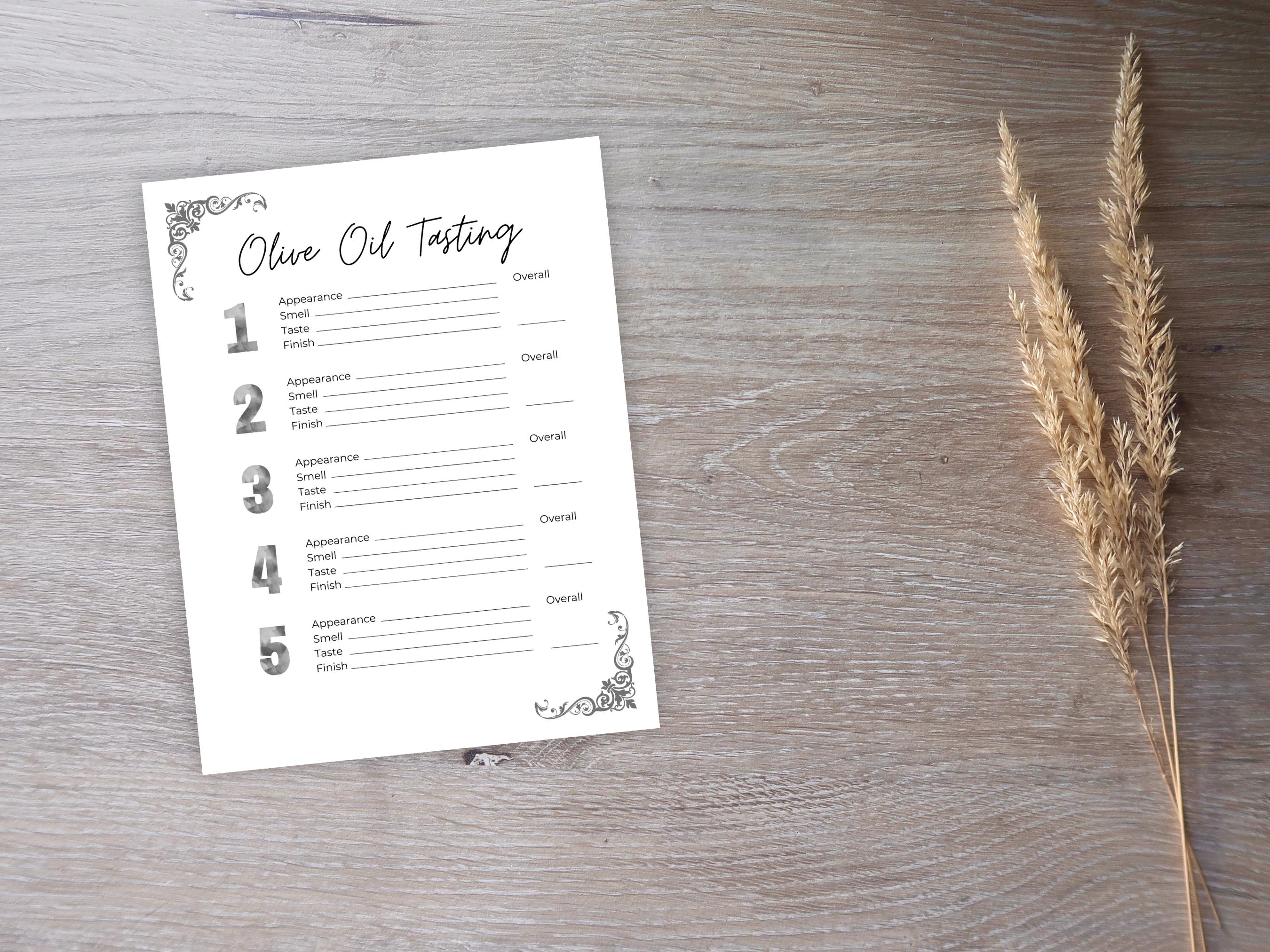 Olive Oil Tasting Party Kit, Scorecard, Bottle Tags, Placemat, Sign, 10 ...