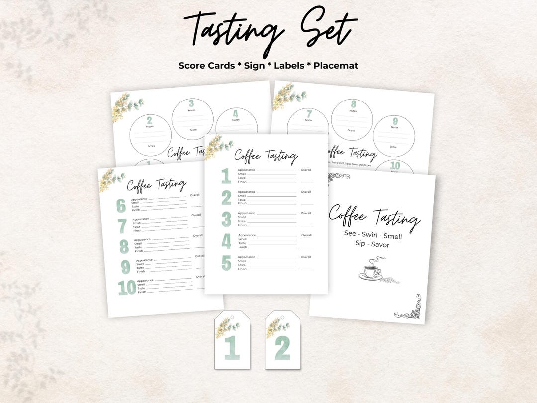 Coffee Tasting Party Kit, Scorecard, Label Tags, Placemat, Sign, Green ...