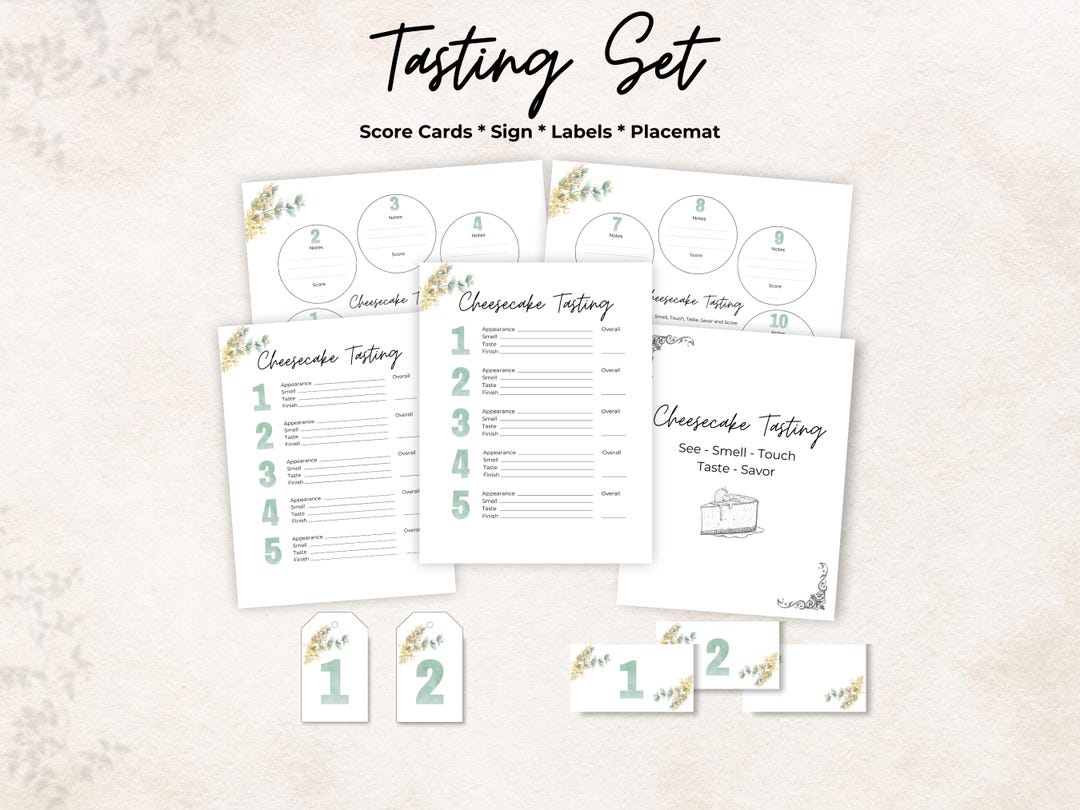 Cheesecake Tasting Kit, Scorecard, Label Tags, Placemat, Sign, Green ...
