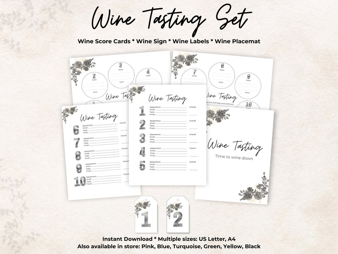 Wine Tasting Party Kit, Scorecard, Bottle Tags, Placemat, Sign, Black ...