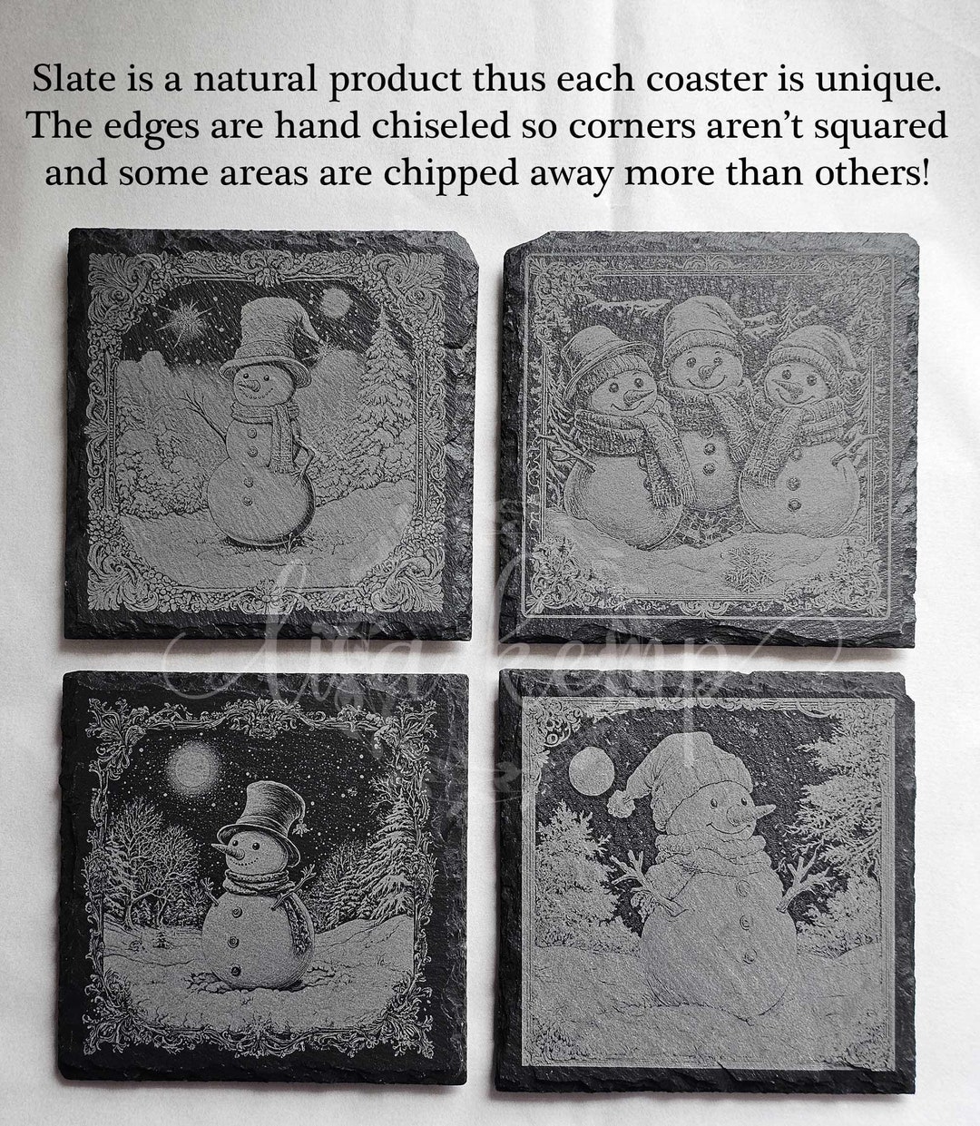 Laser Engraved Slate Snowmen Coasters, Gift Set of 4 Square Slate ...