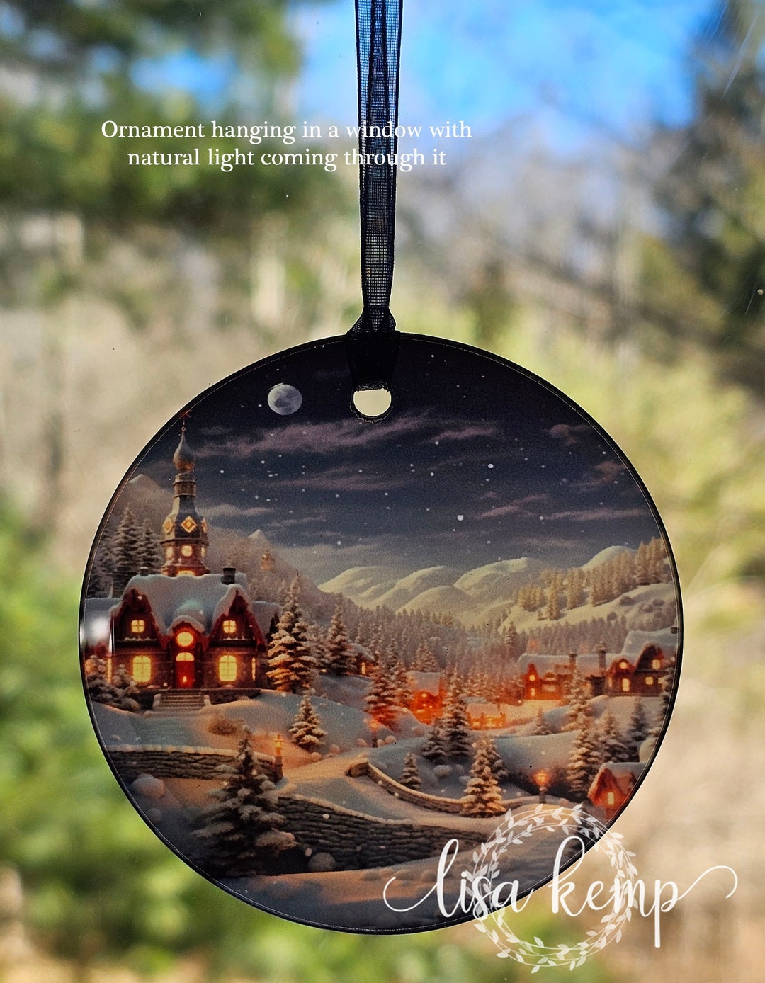 Glass Winter Night Scene Ornament, Winter Village Scene Christmas ...