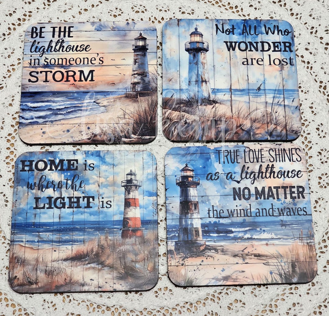 Lighthouse Coasters, Gift Set of 4 Square Sublimated Coasters ...