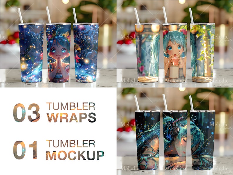 Cute Hatsune Miku Tumbler Wrap & Premium Tumbler Mockup, 20oz and 30oz ...