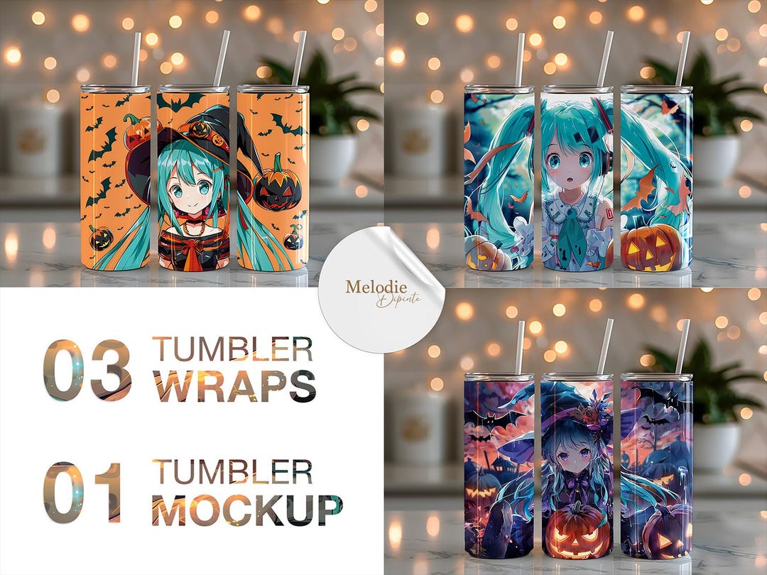 Cute Halloween Hatsune Miku Tumbler Wrap & Premium Tumbler Mockup, 20oz ...