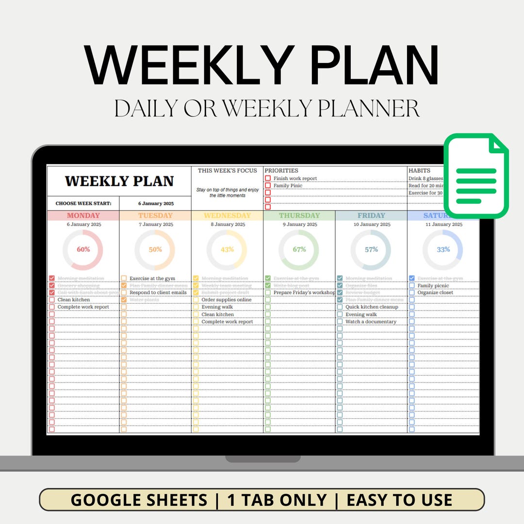 Digital Planner Spreadsheet Google Sheets, Weekly Planner, Daily ...