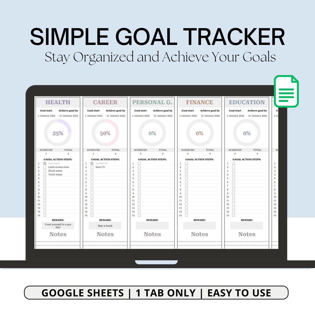 Goal Planner Spreadsheet, Yearly Monthly Goals, Simple Goal Tracker ...