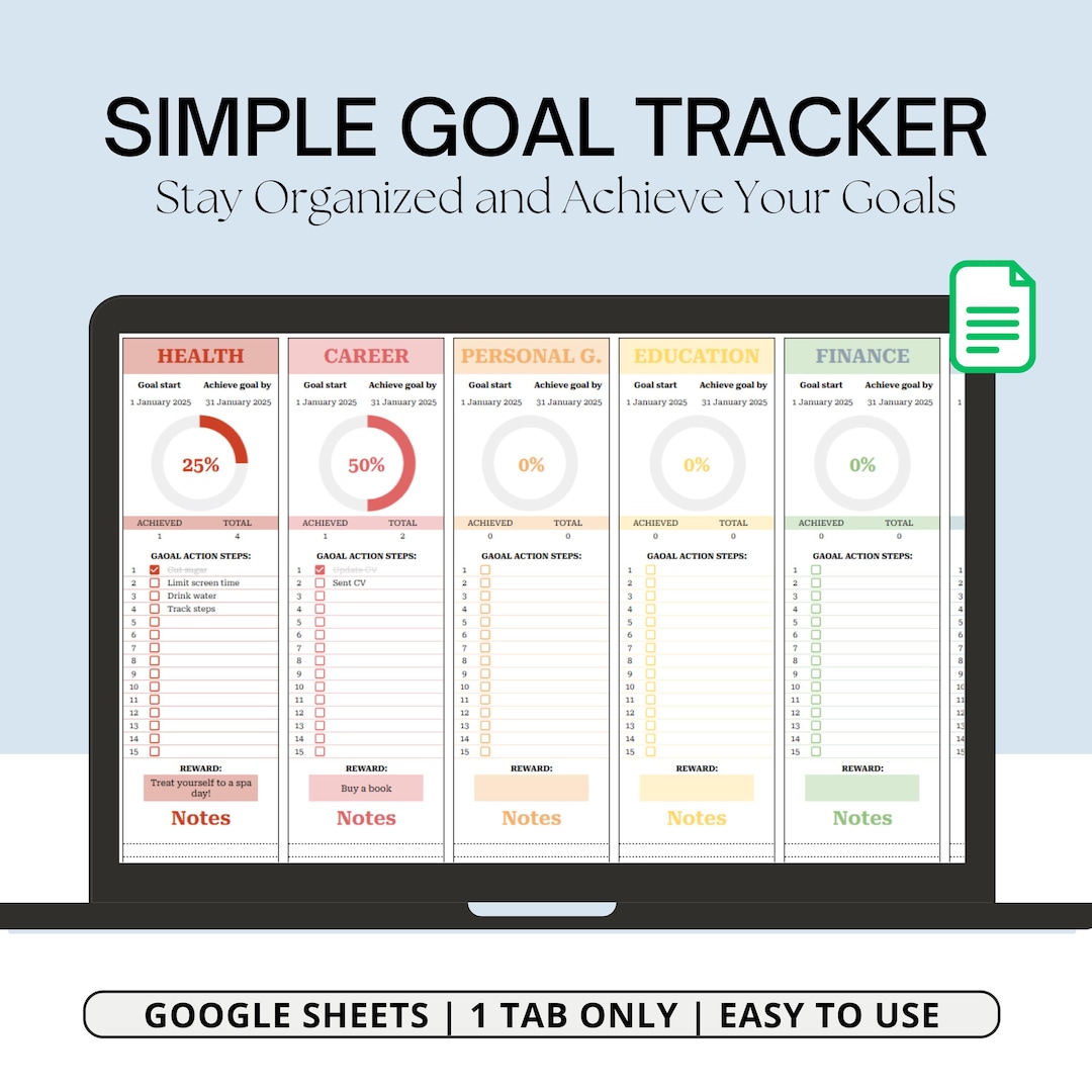 Goal Planner Spreadsheet, Yearly Monthly Goals, Simple Goal Tracker ...