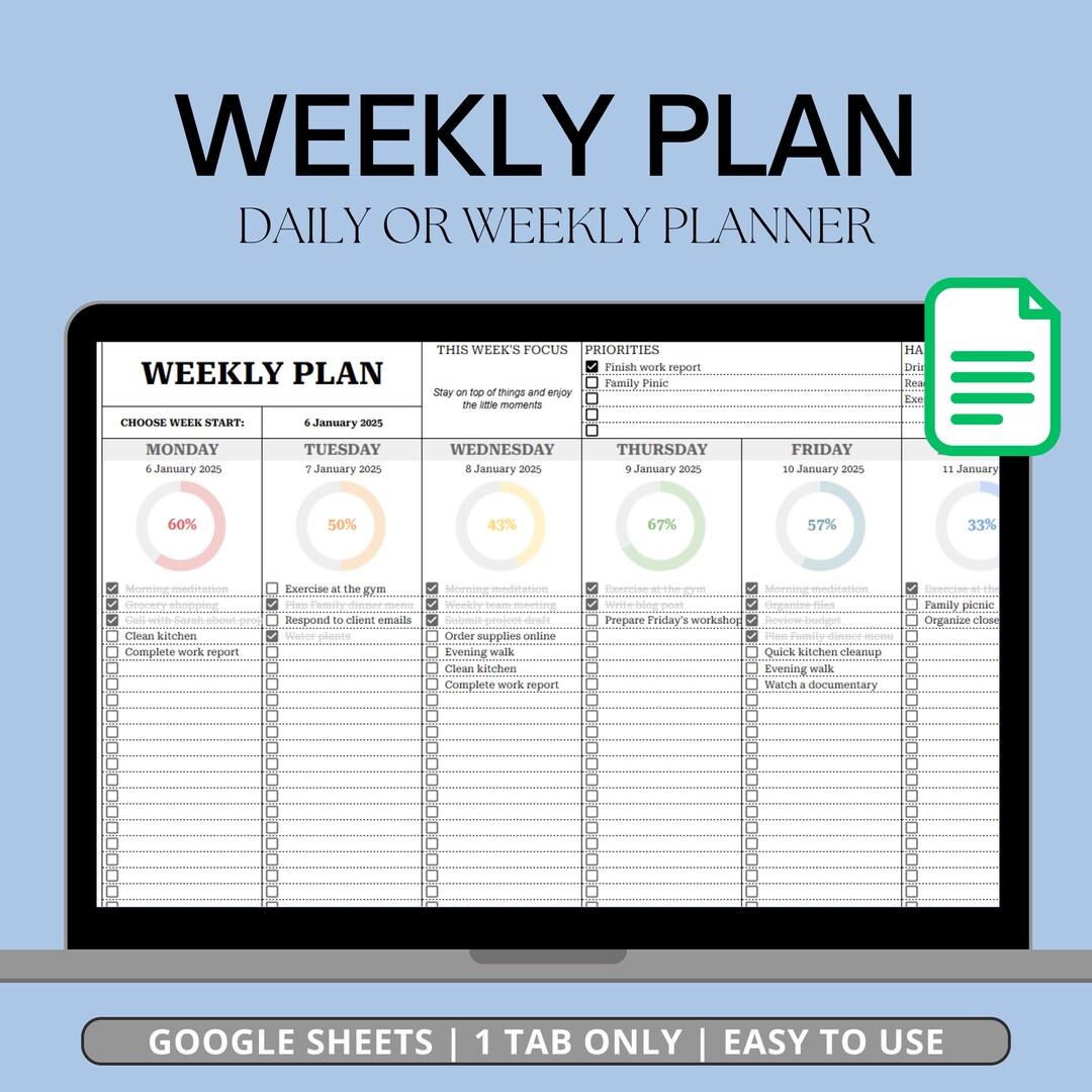 Digital Planner Spreadsheet Google Sheets Weekly Planner Daily Schedule ...