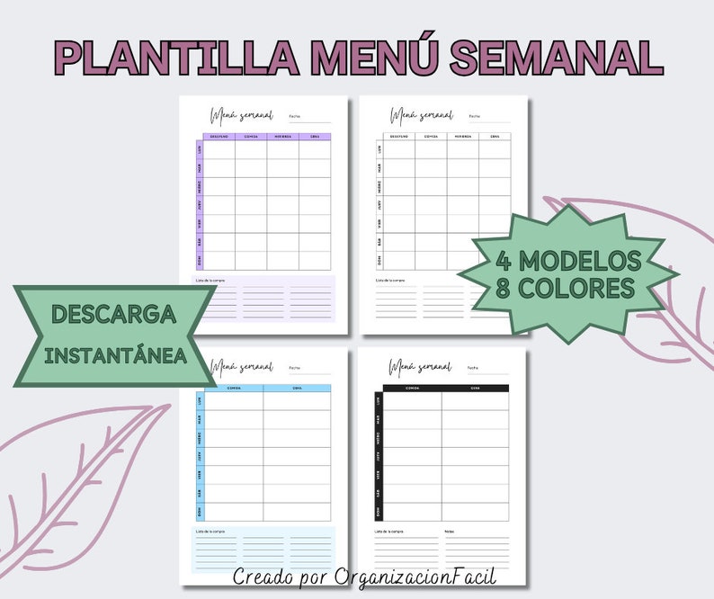Plantilla descargable para planificar MENÚ SEMANAL, con lista de la ...