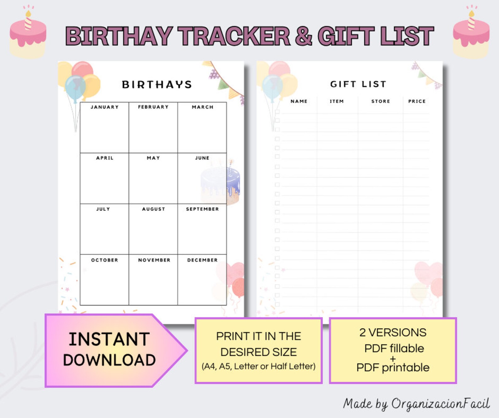 BIRTHAY TRACKER & GIFT List Template. Birthay Calendar. Birthday ...