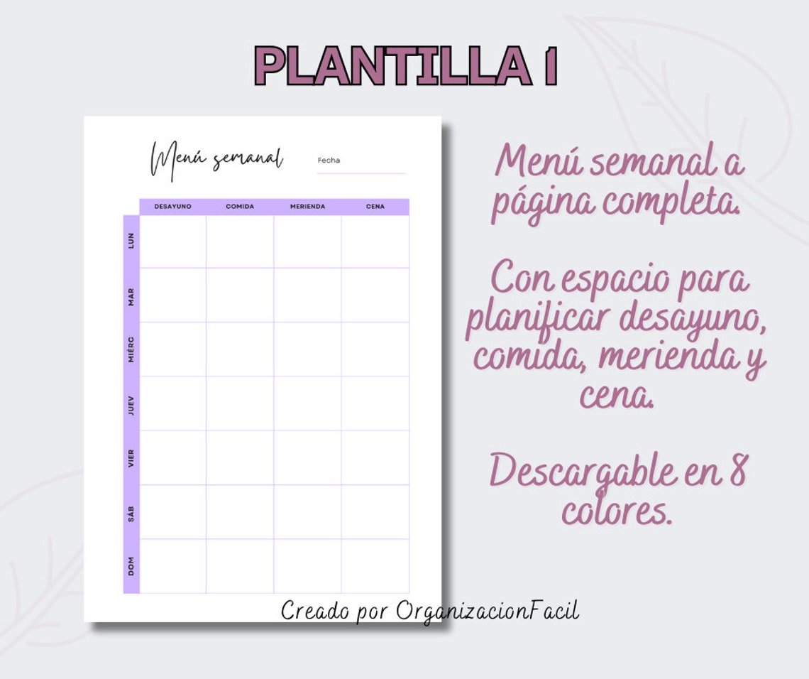 Plantilla editable descargable para planificar el MENÚ SEMANAL ESPAÑOL ...