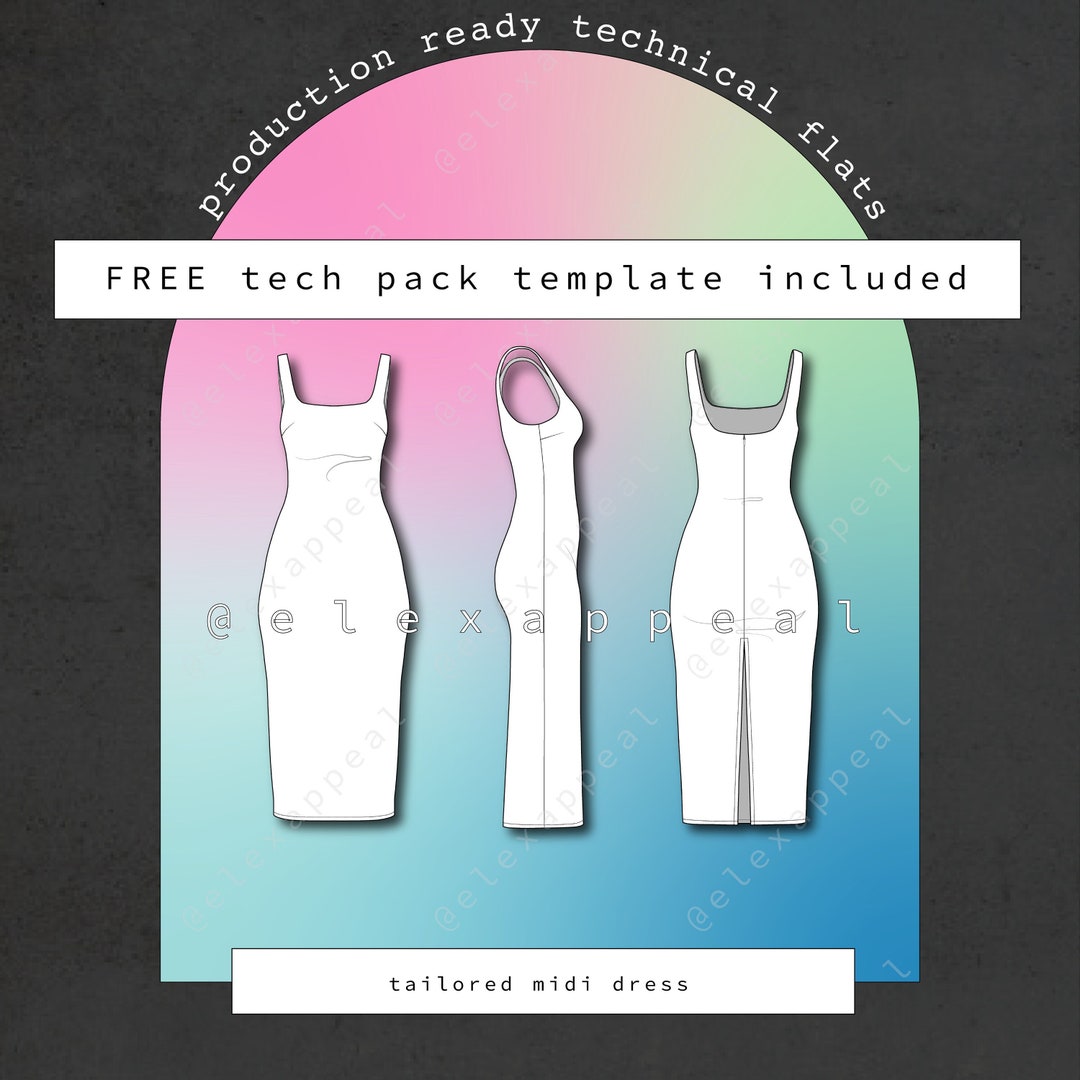 Square Neck Midi Dress Fashion Technical Sketch | Womens Tailored Dress ...