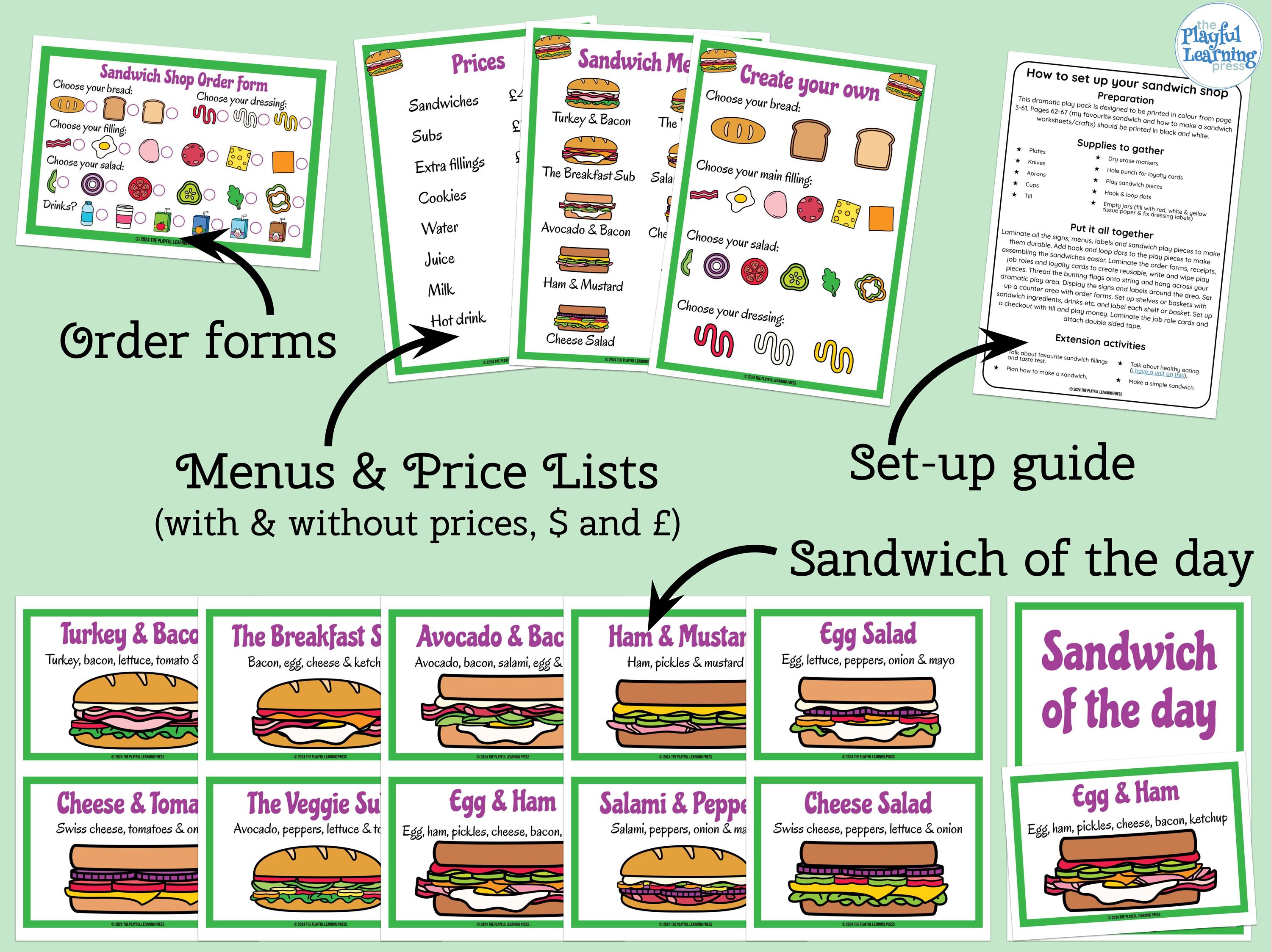 Sandwich Shop Dramatic Play Printables for Pretend Play Cafe, Sandwich ...