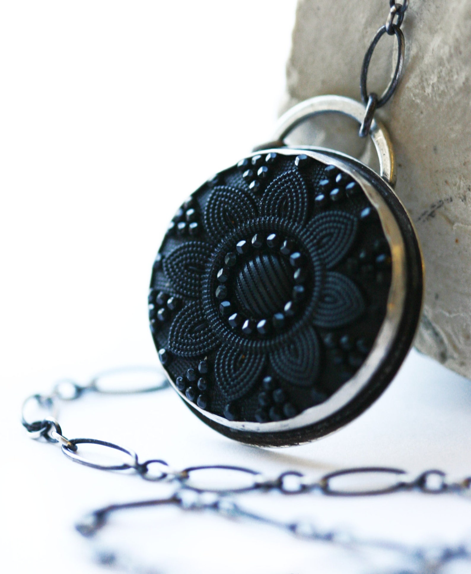 Black Cabochon Necklace, Black Button Cabochon Sterling Silver Necklace ...
