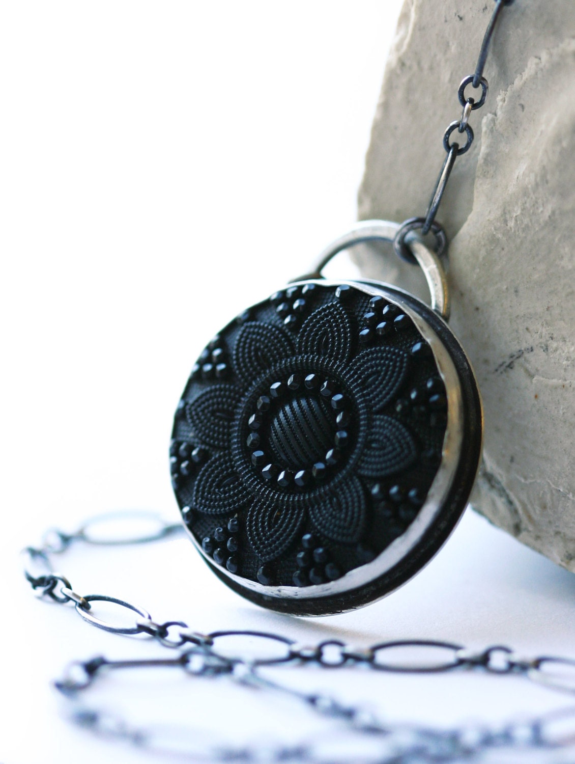 Black Cabochon Necklace, Black Button Cabochon Sterling Silver Necklace ...