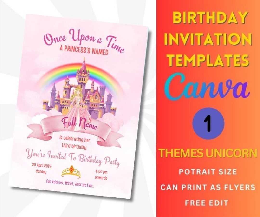 Princess Birthday Invitation Template, Digital Invitation Card, Instant ...