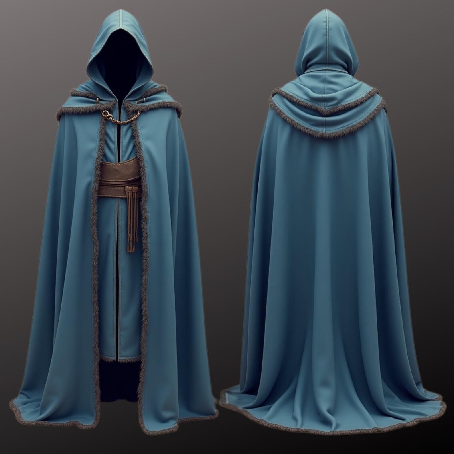 Elegant Blue Hooded Cloak and Inner Coat - Gothic Cloak With Fur Trim ...