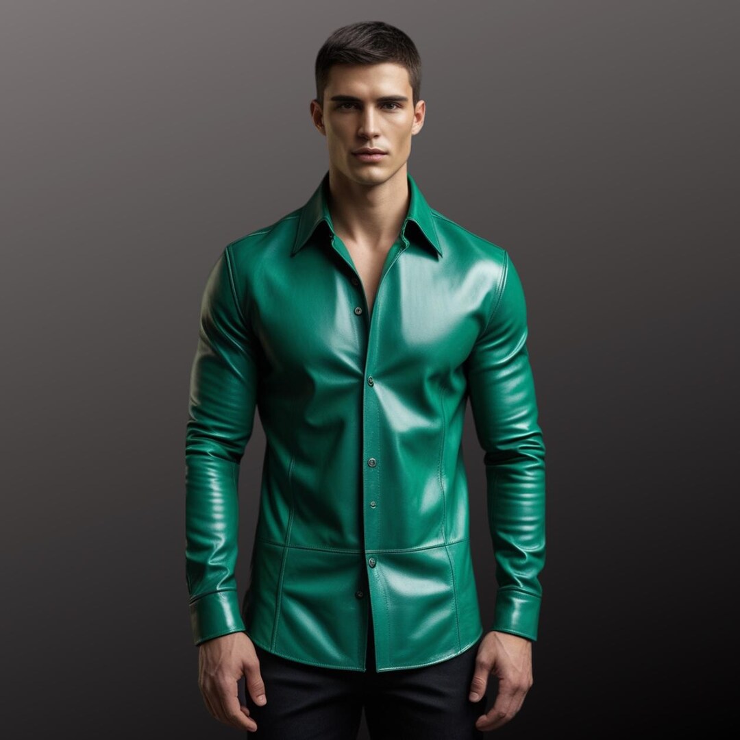 Men's Green Leather Shirt - Stylish and Sleek - Handmade Genuine ...