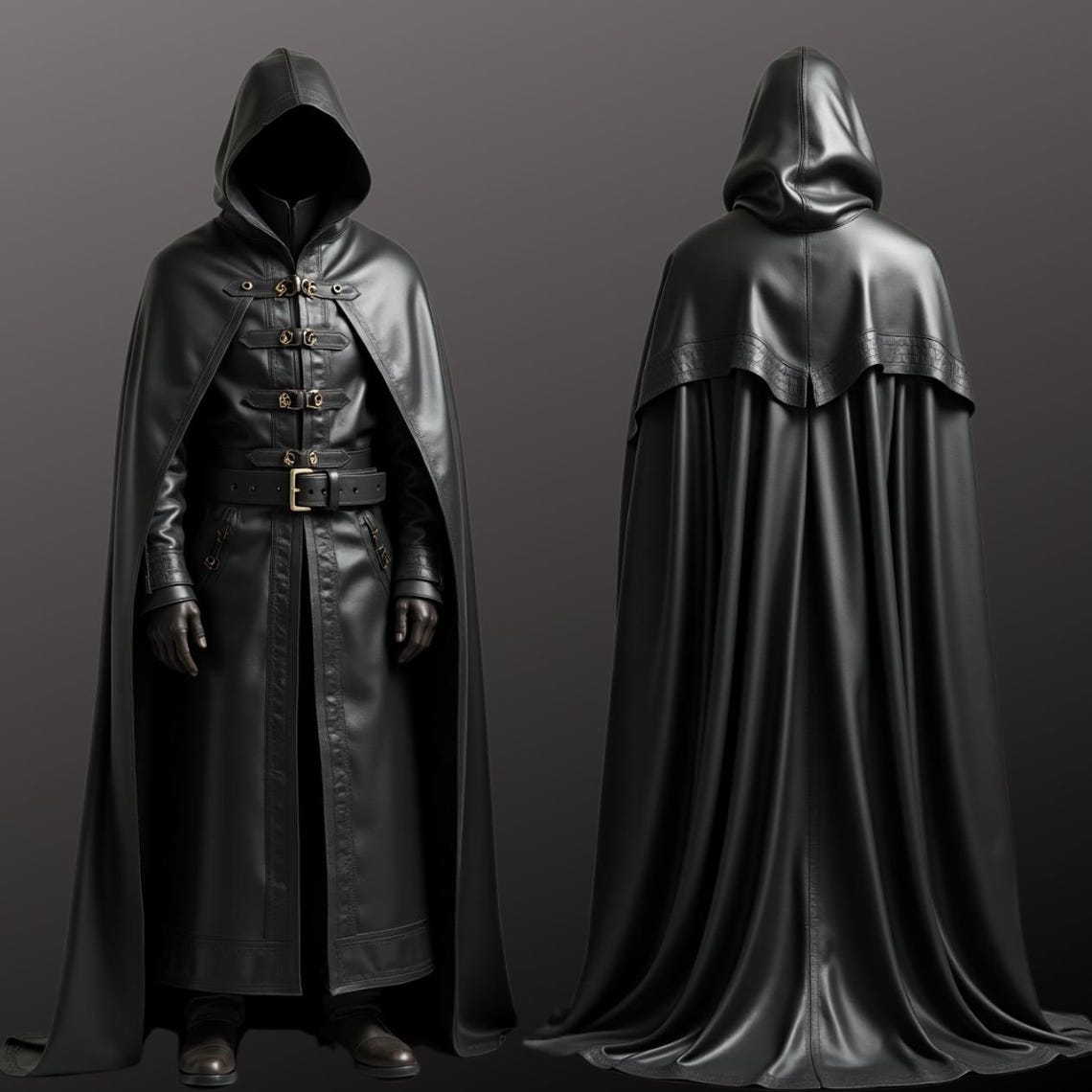 Gothic Black Leather Hooded Cloak and Coat With Buckle Details-perfect ...