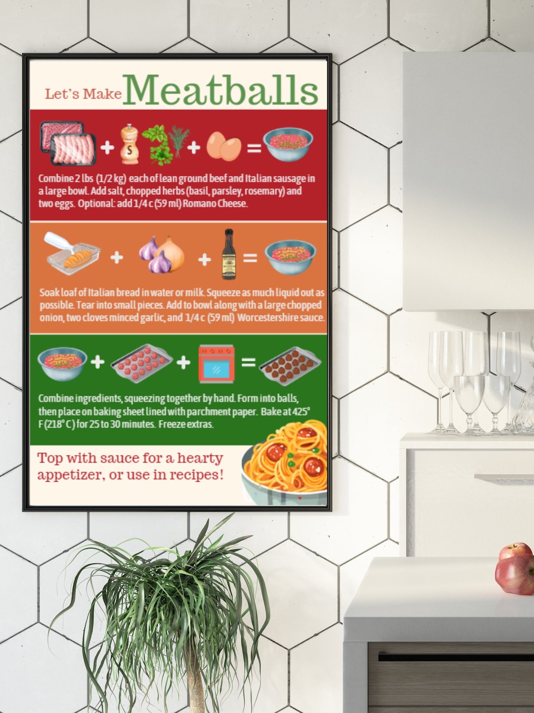 Meatball Recipe Wall Art, Recipe Diagram, Pasta Prints, Dopamine Decor ...