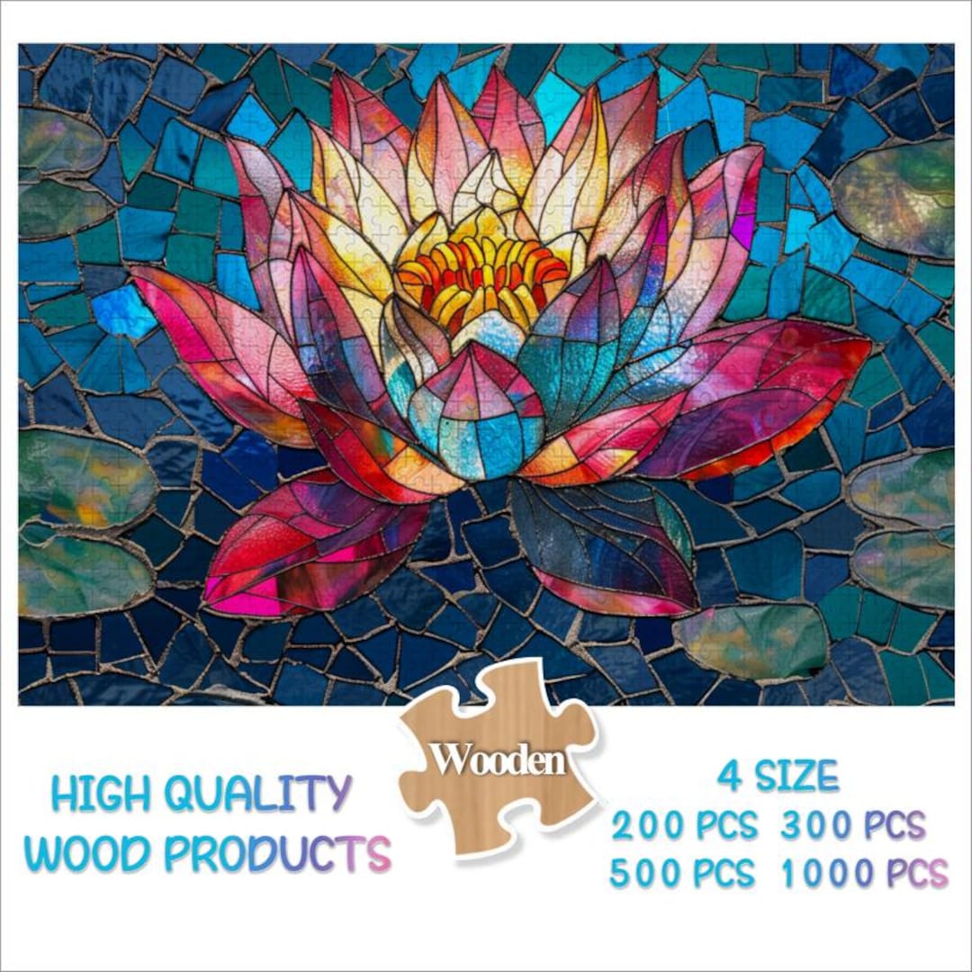 Stained Glass Lotus Flower Jigsaw Puzzle，300,500,1000 Piece Wood Lotus ...