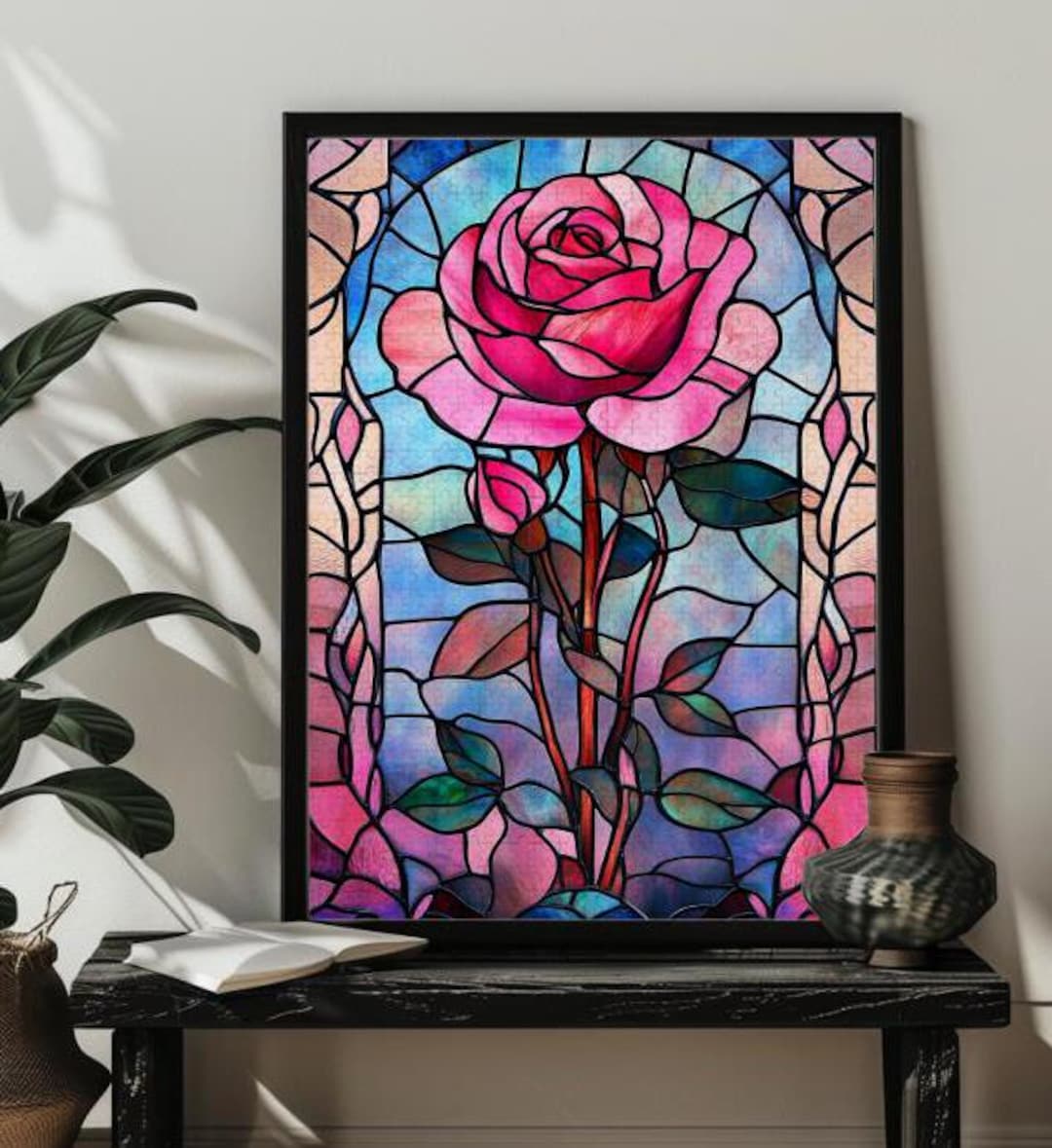 Stained Glass Rose Jigsaw Puzzle for Adults， Red Rose Puzzles Art Decor ...