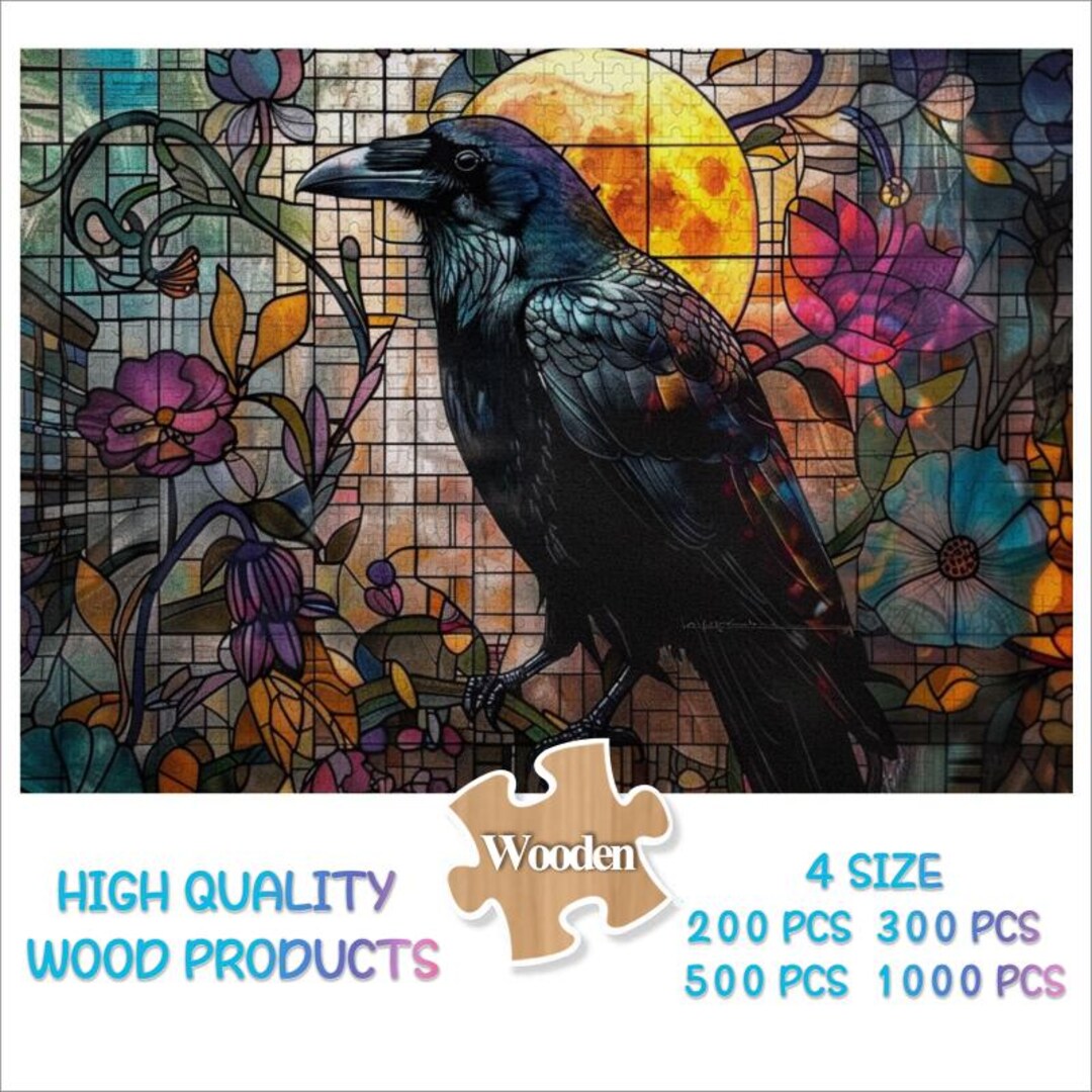 500，1000 Stained Glass Gothic Raven Jigsaw Puzzle Crow Moon Wall Art ...