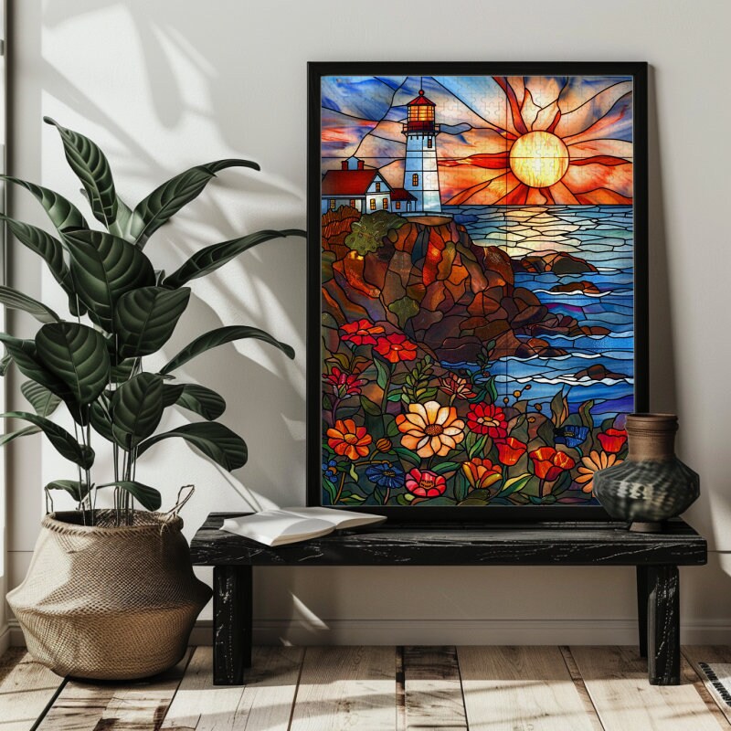 Stained Glass Lighthouse Jigsaw Puzzle for Adults,lighthouse Wildflower ...
