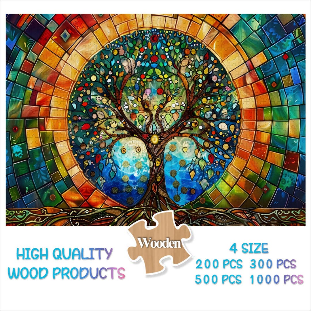 1000 Wooden Jigsaw Puzzles Adult Stained Glass Tree of Life Colorful ...