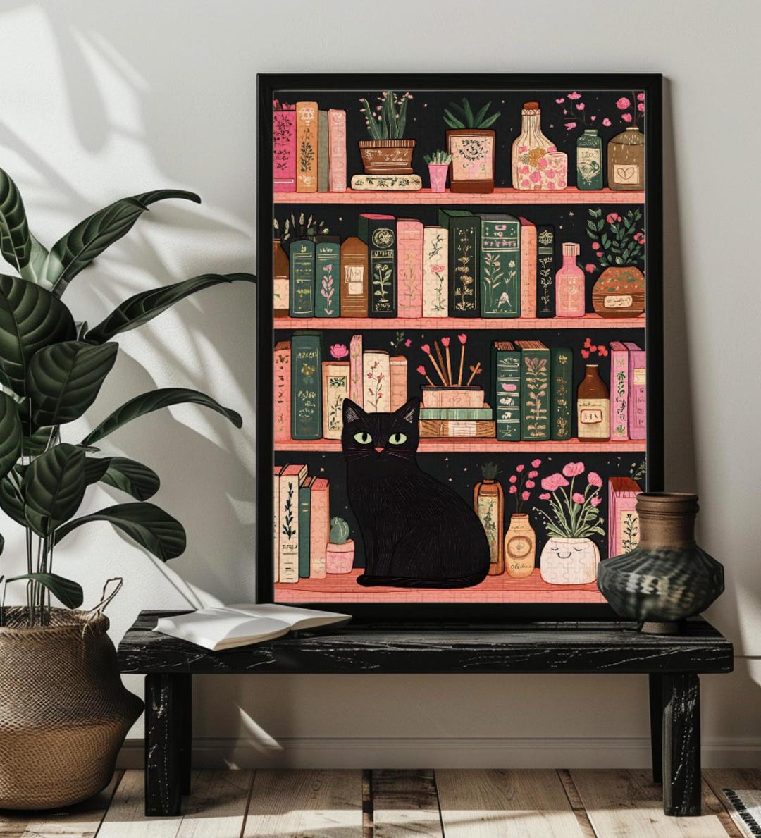 Cozy Cat Bookcase Jigsaw Puzzle 200/300/500/1000 Wood Black Cat Puzzles ...