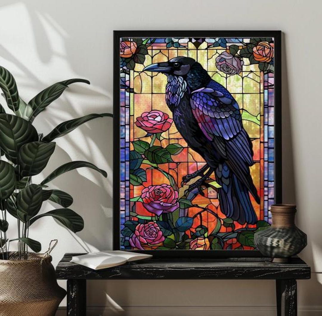 Stained Glass Raven Jigsaw Puzzle Crow Flowers Wall Art Puzzles 200/300 ...