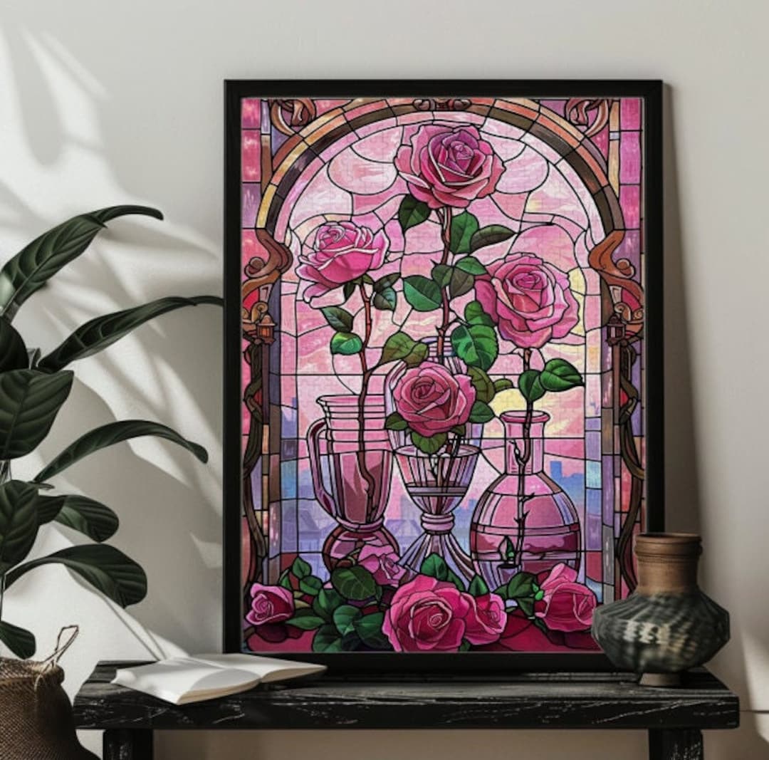 Pink Rose Stained Glass Jigsaw Puzzle for Wife/mom/couple，rose Wall Art ...