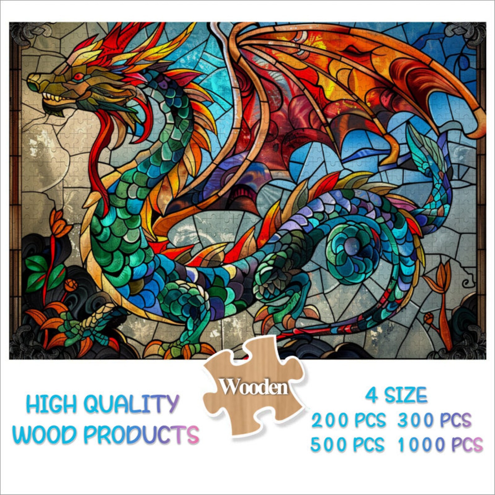 Stained Glass Dragon Jigsaw Puzzle，300,500,1000 Piece Wood Dragon Photo ...