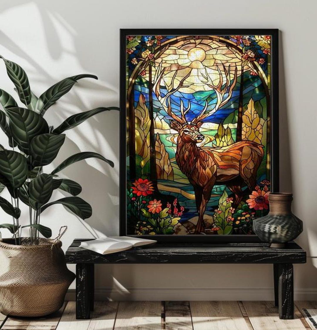 Stained Glass Deer Jigsaw Puzzle，300/500/1000 Wood Deer in Forest ...