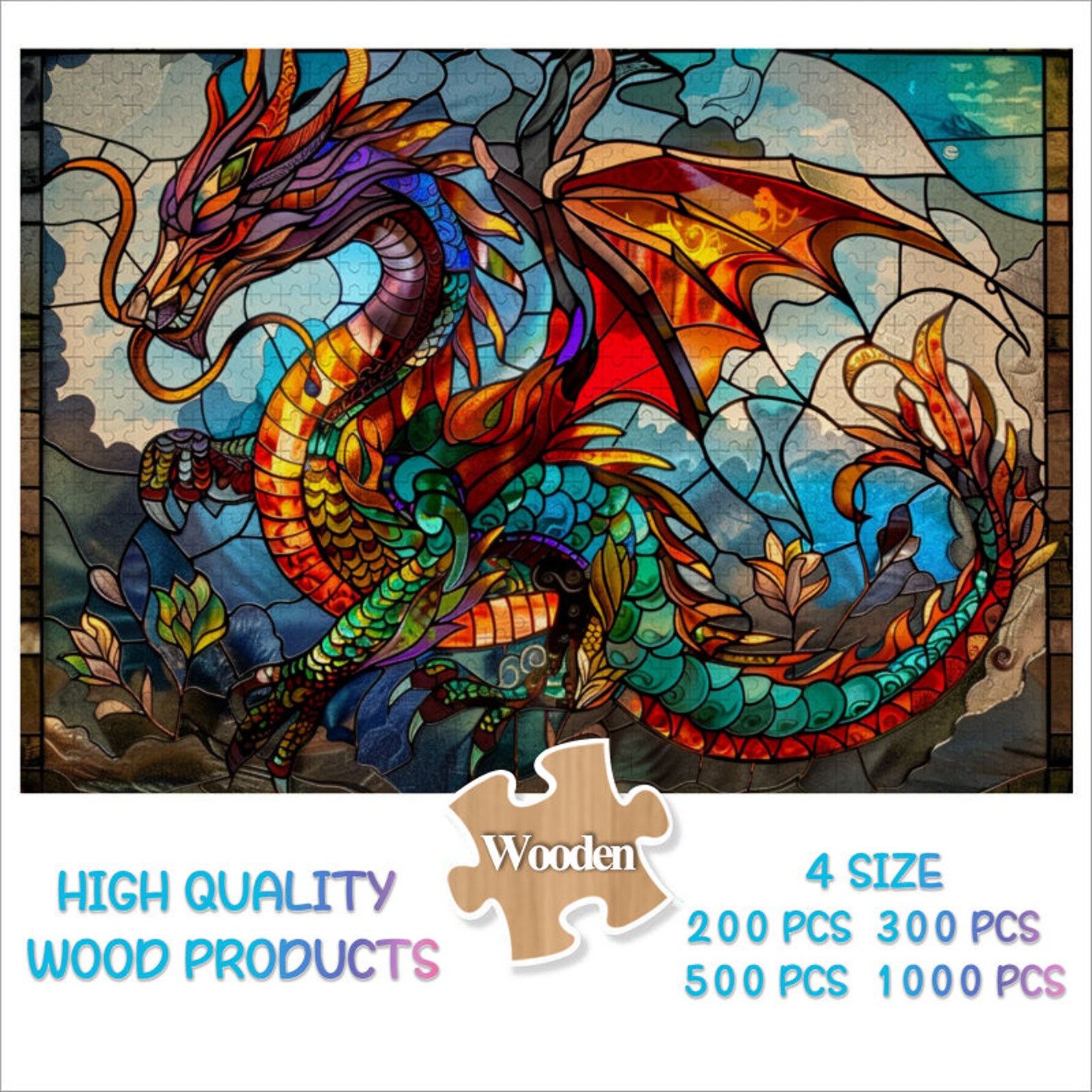 Stained Glass Dragon Jigsaw Puzzle，300,500,1000 Piece Wood Dragon Photo ...