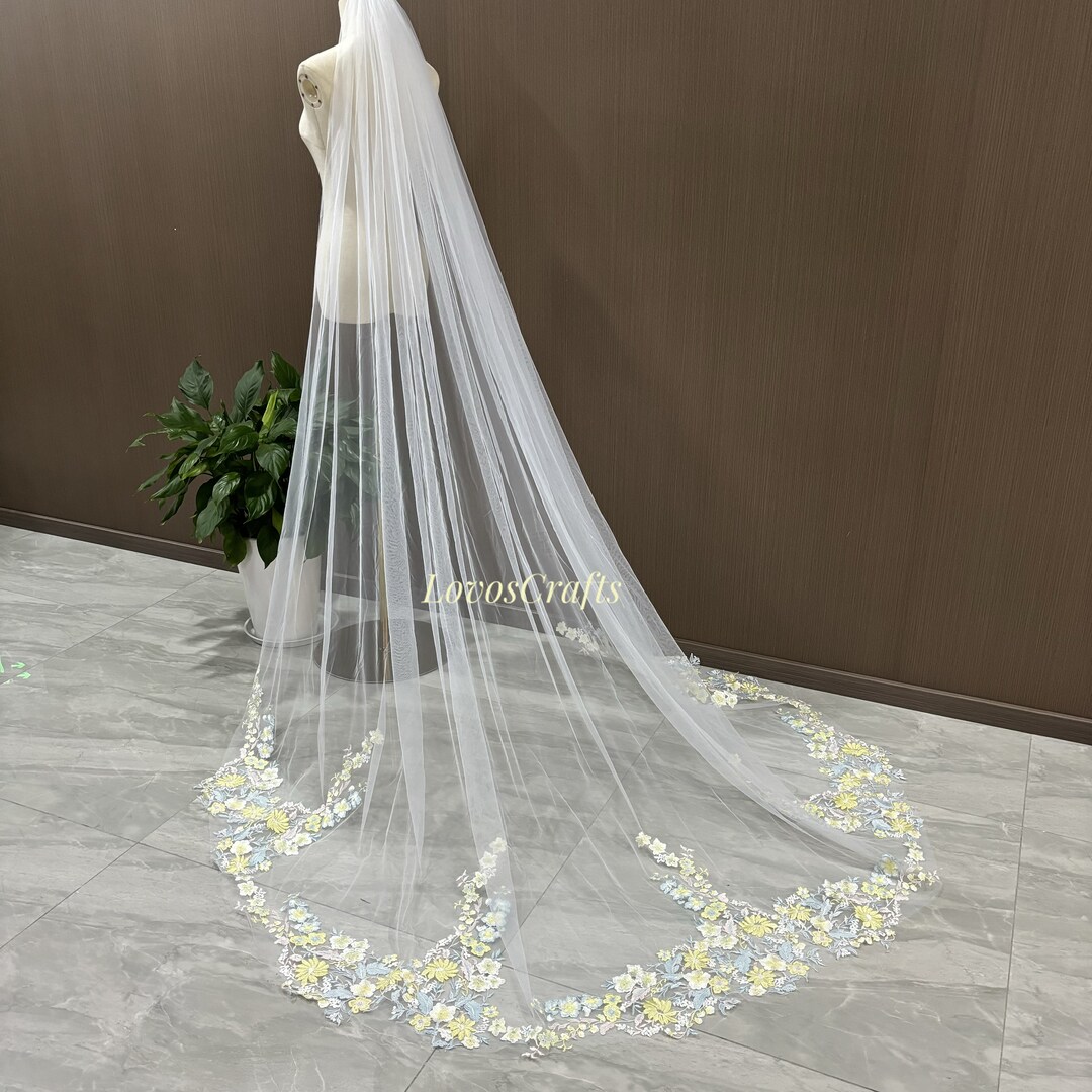 Faint Yellow Floral Wedding Veil Flower Cathedral Bridal Veil Wedding Veil 1 Layer Veil Custom ...