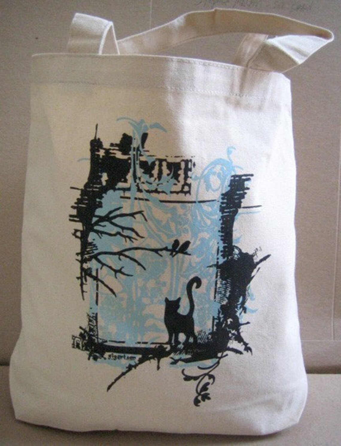 Blue Cat & Birds in Tree Cotton Hand Bag Tote Book Bag Back - Etsy