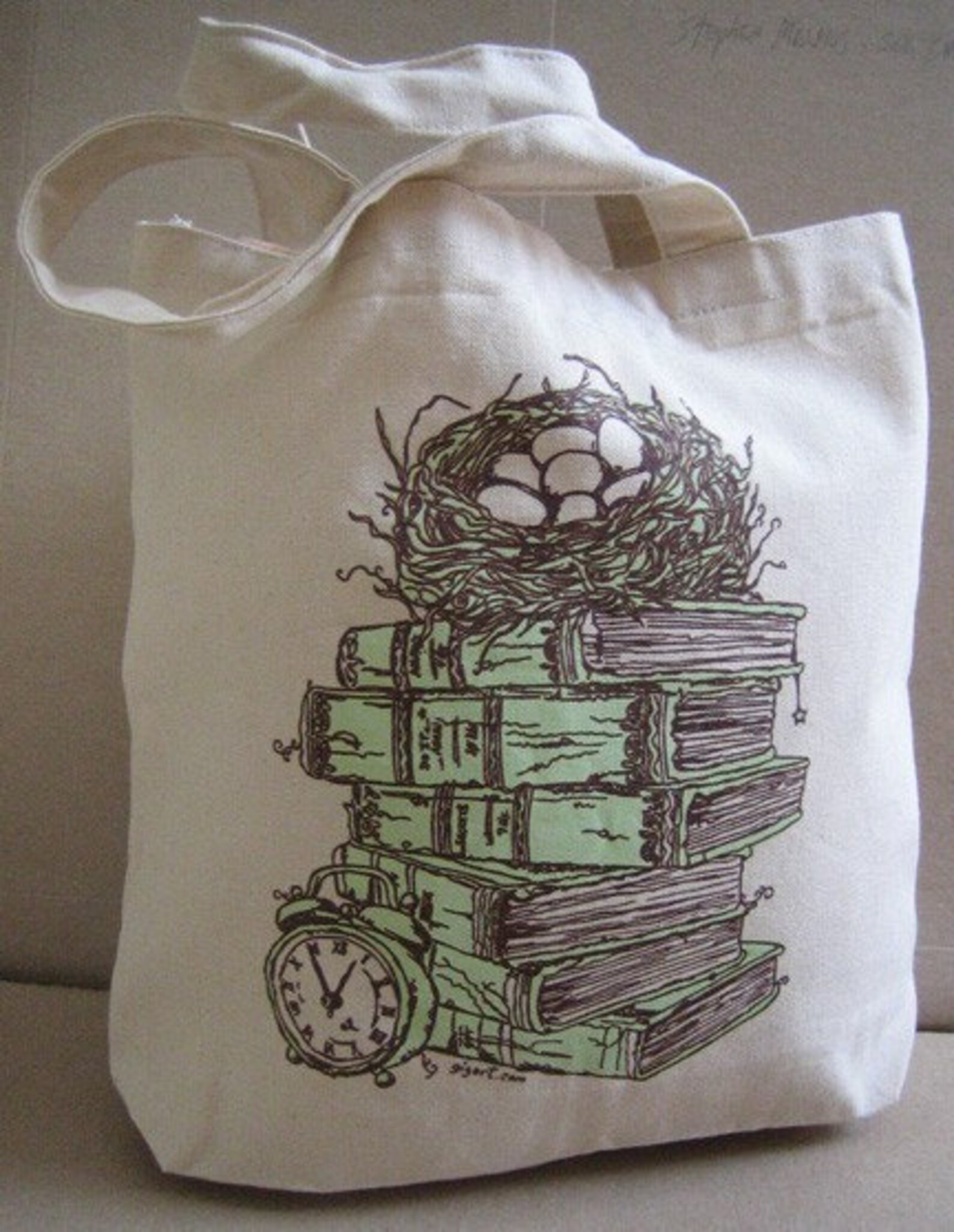 Green Stacked Books, Bird Nest, Clock, Bag, Tote, Bookbag, Back to ...