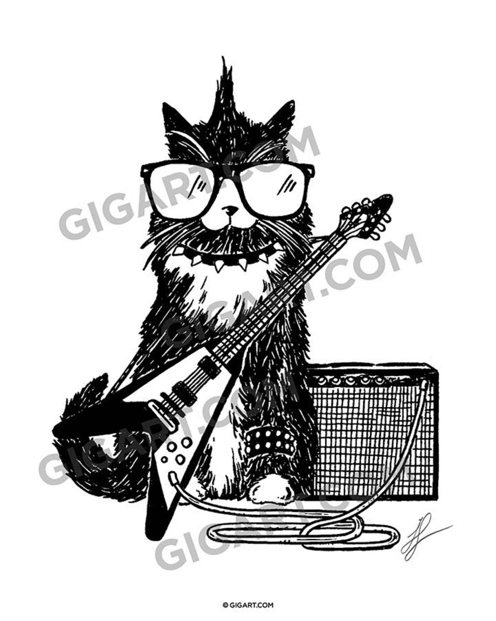 Rock N Roll Rockstar Cat 8x10 Black and White Guitar Punk Print Wall ...