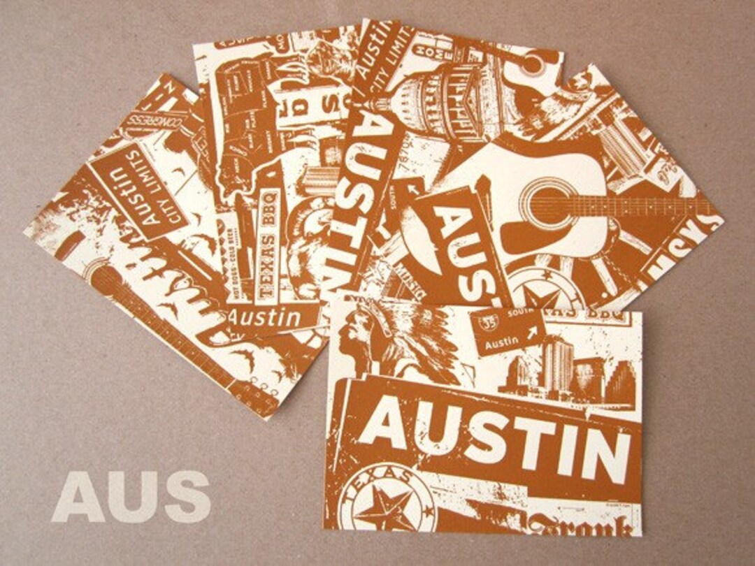 5 Pack Austin Texas Silk Screened Post Cards SXSW City Limits Music BBQ ...