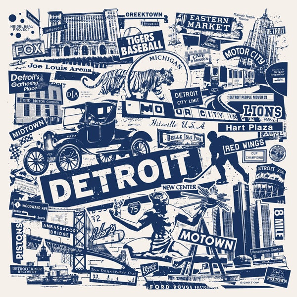 Detroit Michigan Motor City Car Collage Silk Screen Poster - Etsy