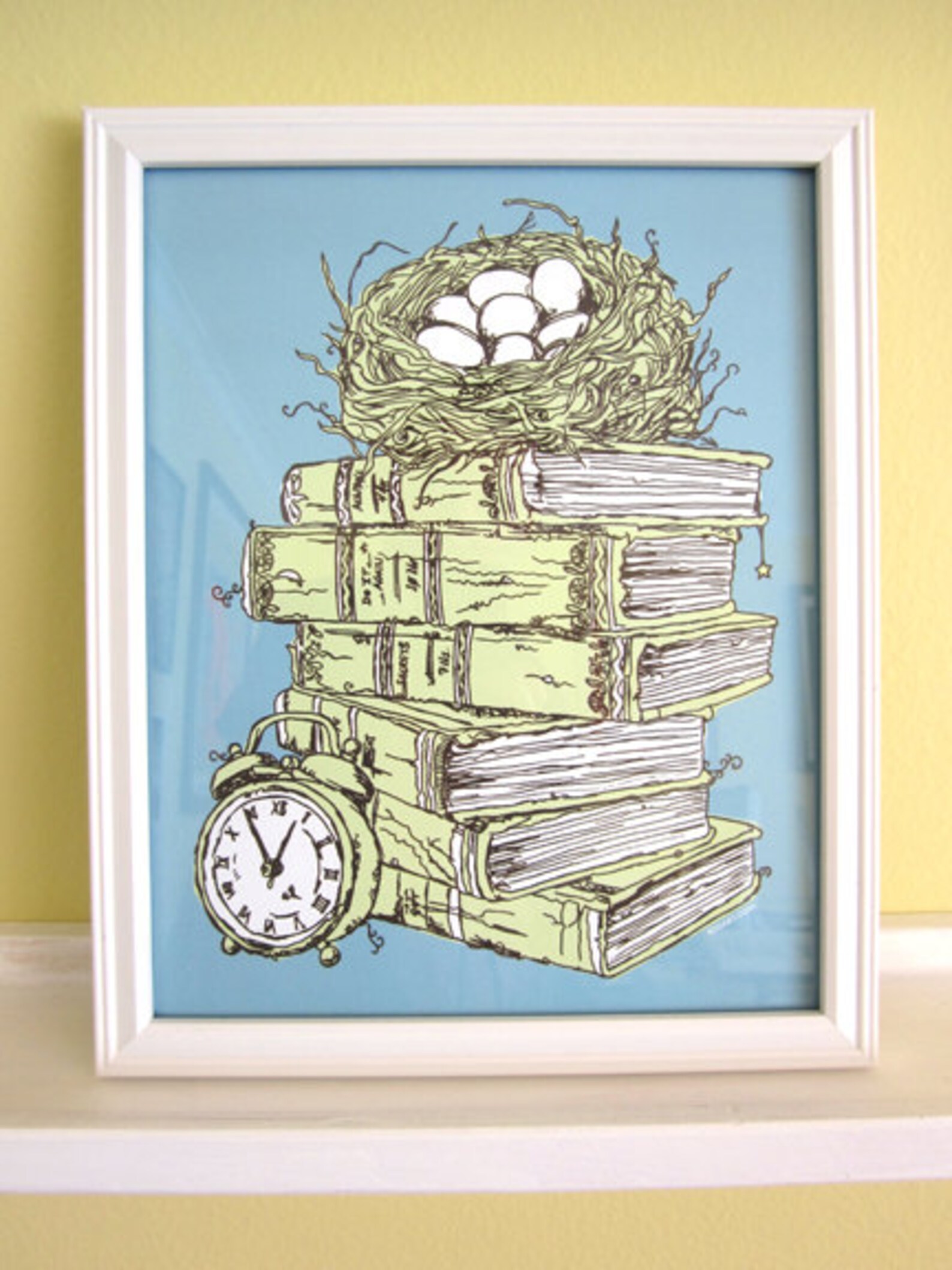 Stacked Books and Bird Nest Kitchen Decor Office Artwork - Etsy
