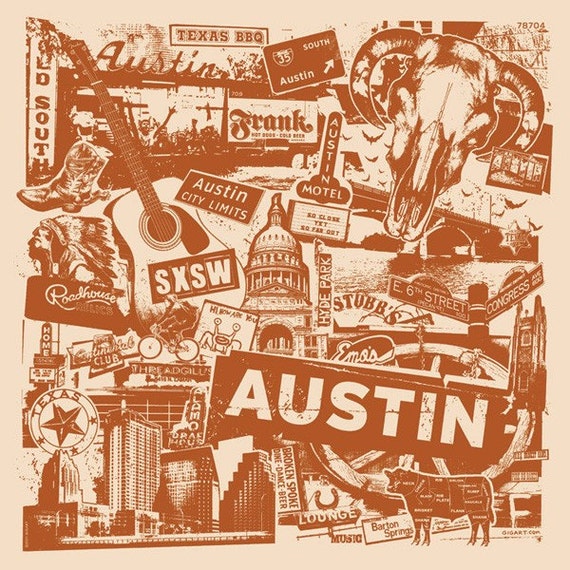 Austin Texas Collage Silk Screen Poster Etsy - Etsy