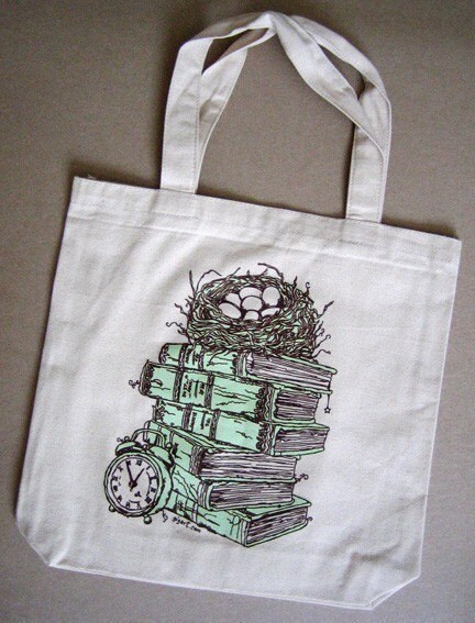 Green Stacked Books, Bird Nest, Clock, Bag, Tote, Bookbag, Back to ...
