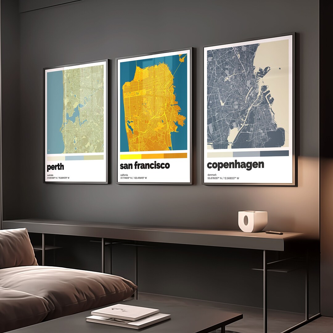 Set of 3 Custom Map Poster Minimal Posters Wall Art Custom Gift Wedding ...