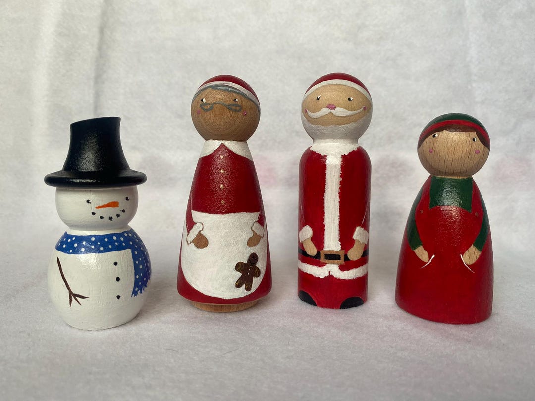 Hand Painted Wooden Christmas Peg Doll Set (santa Claus, Mrs Claus, Elf ...